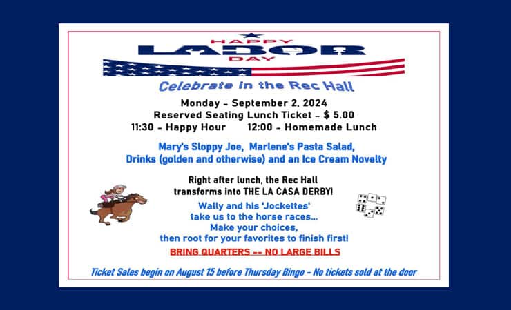 Labor Day Party Tickets go on Sale Thursday, August 15 before Bingo!!